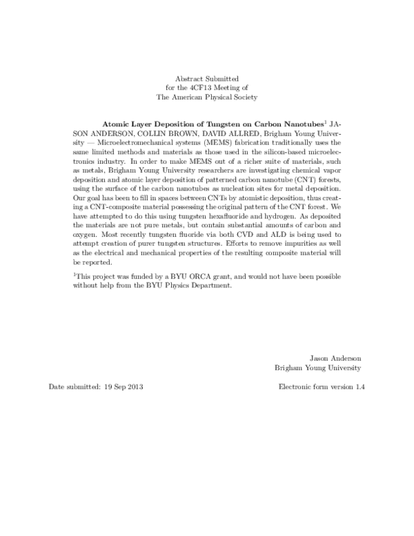 (PDF) Atomic Layer Deposition of Tungsten on Carbon Nanotubes
