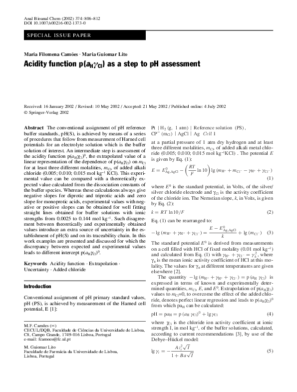 (PDF) Acidity function p( a H γ Cl ) as a step to pH assessment
