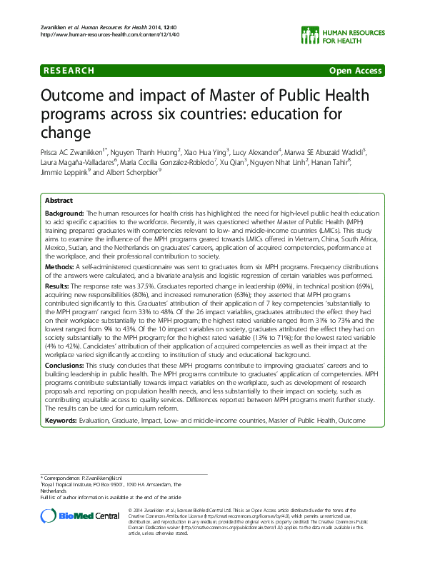 (PDF) Outcome and impact of Master of Public Health programs across six ...