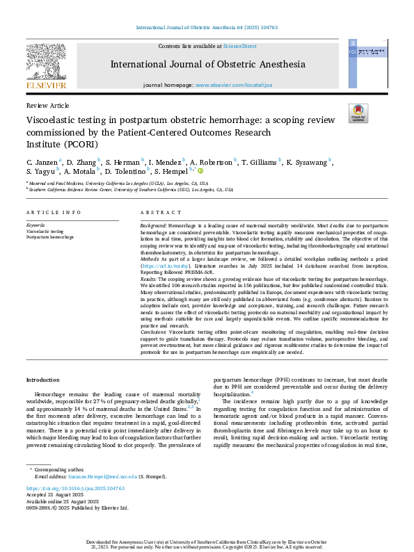 (PDF) Viscoelastic testing in postpartum obstetric hemorrhage: a ...
