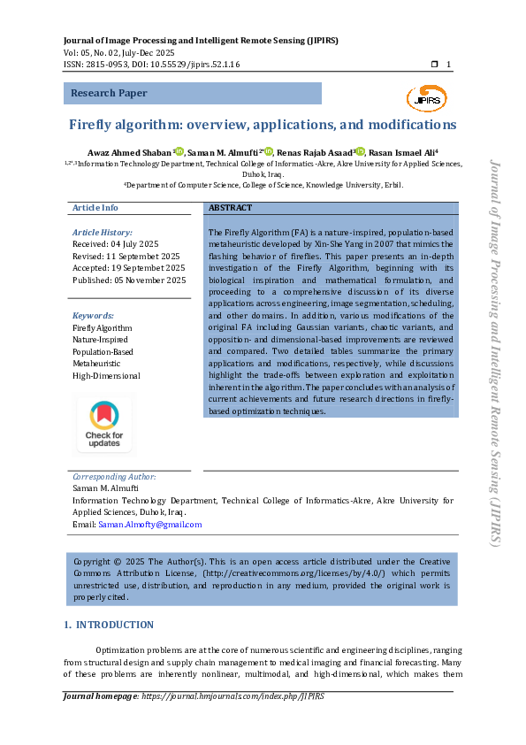 (PDF) Firefly algorithm: overview, applications, and modifications