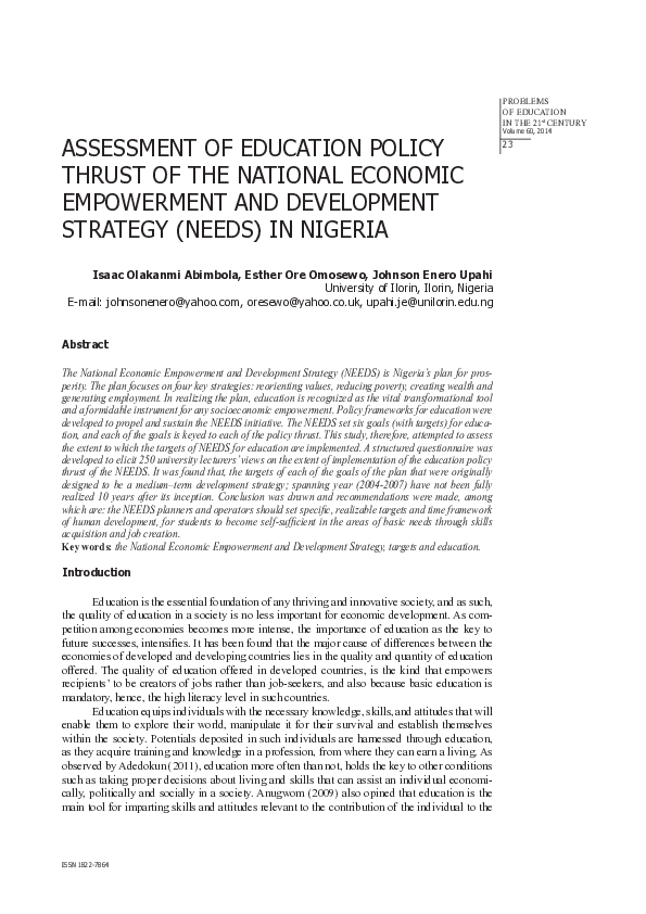 (PDF) Assessment of Education Policy Thrust of the National Economic Empowerment and Development ...