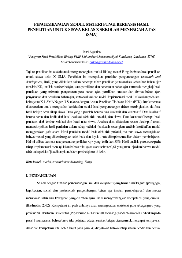 (PDF) Pengembangan Modul Materi Fungi Berbasis Hasil Penelitian Untuk Siswa Kelas X Sekolah ...