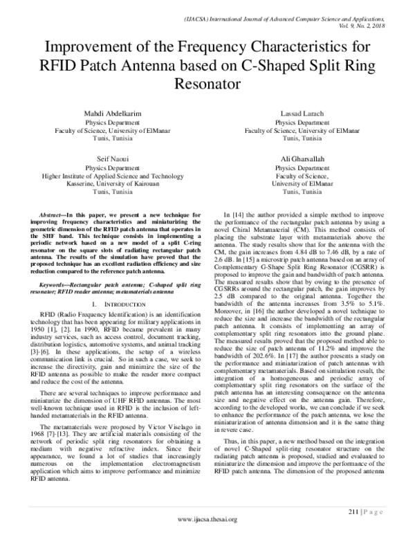(PDF) Improvement of the Frequency Characteristics for RFID Patch Antenna based on C-Shaped ...