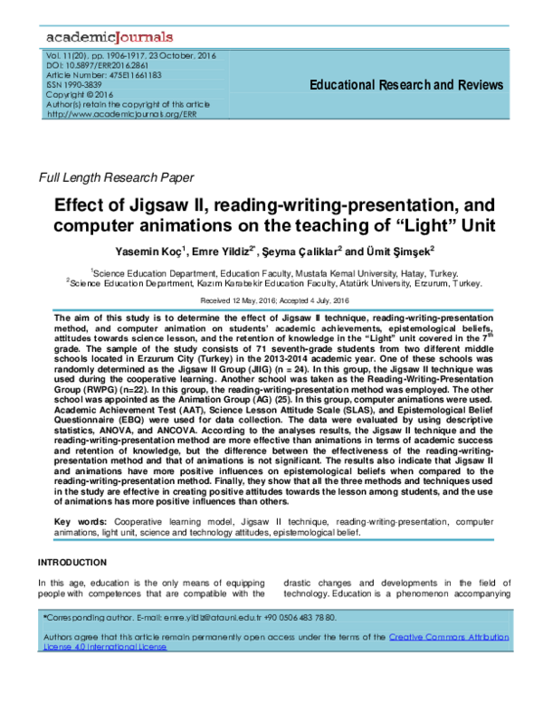 (PDF) Effect of Jigsaw II, reading-writing-presentation, and computer ...