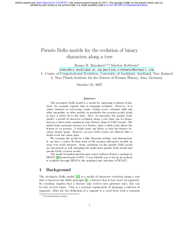 (PDF) Pseudo Dollo models for the evolution of binary characters along ...
