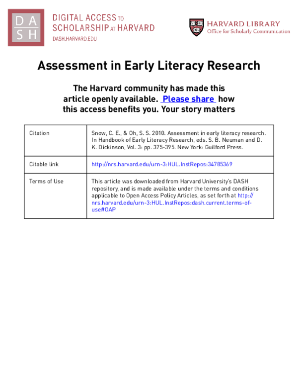 (PDF) Assessment in Early Literacy Research