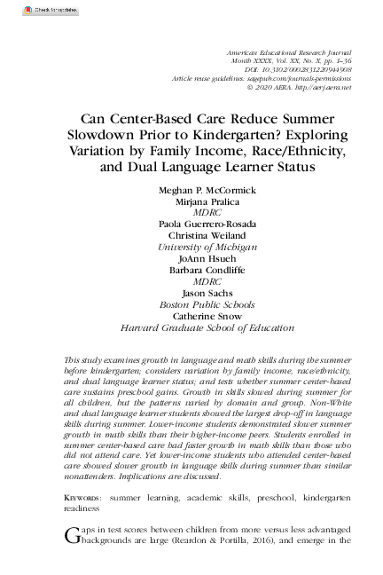 (PDF) Can Center-Based Care Reduce Summer Slowdown Prior to ...