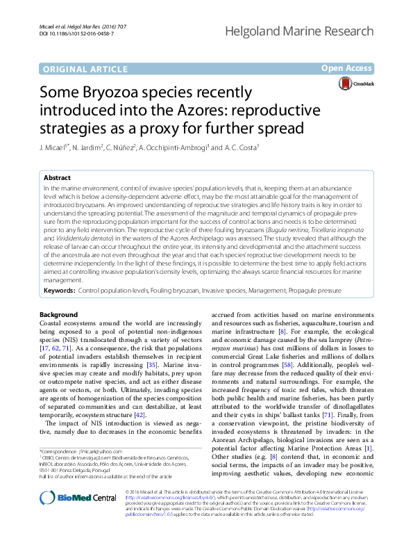 (PDF) Some Bryozoa species recently introduced into the Azores ...