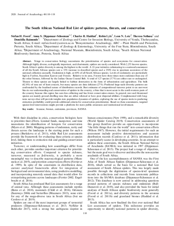 (PDF) The South African National Red List of spiders: patterns, threats ...