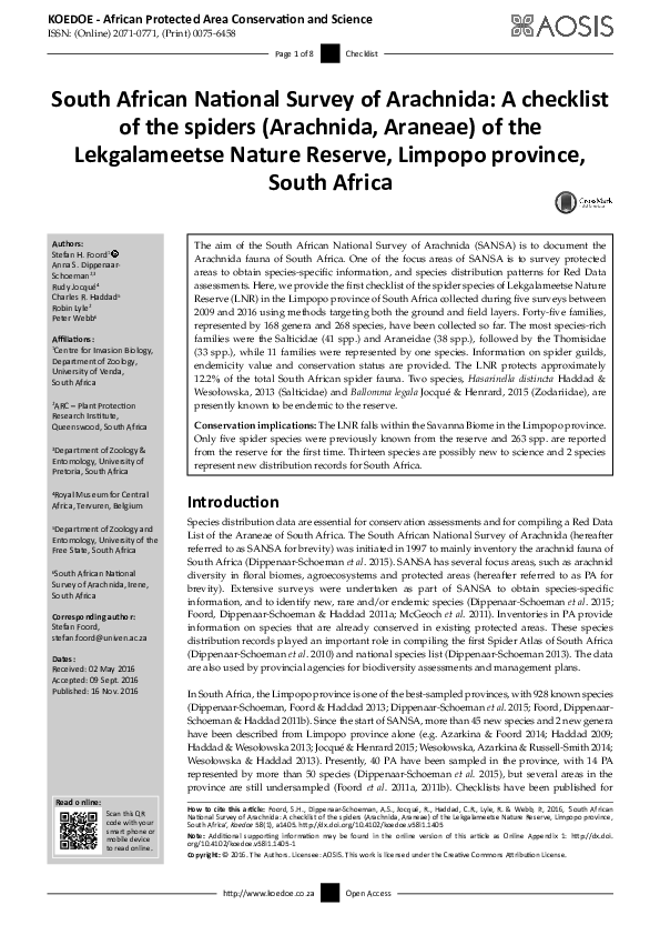(PDF) South African National Survey of Arachnida: A checklist of the ...