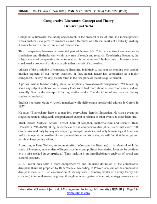 (PDF) Comparative Literature: Concept and Theory