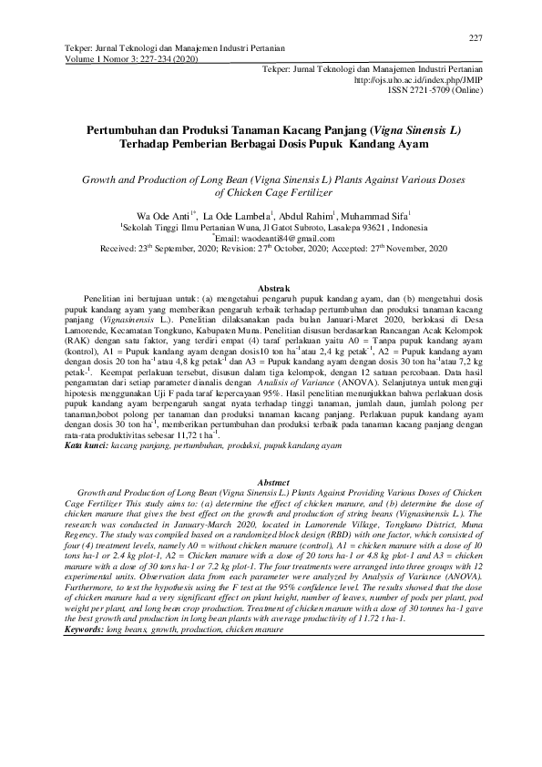 (PDF) Growth and Production of Long Bean (Vigna Sinensis L) Plants ...