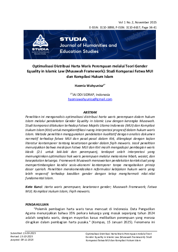 (PDF) Optimalisasi Distribusi Harta Waris Perempuan melalui Teori ...