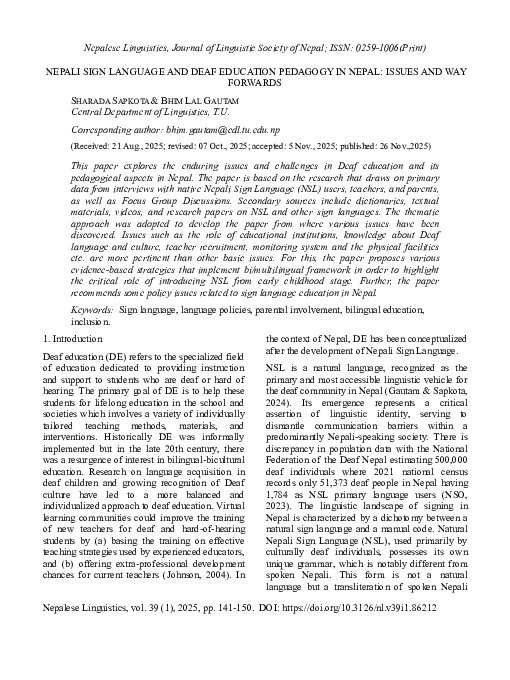 (PDF) NEPALI SIGN LANGUAGE AND DEAF EDUCATION PEDAGOGY IN NEPAL: ISSUES ...