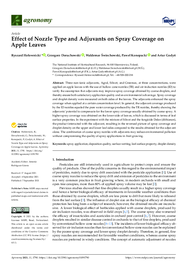 (PDF) Effect of Nozzle Type and Adjuvants on Spray Coverage on Apple Leaves
