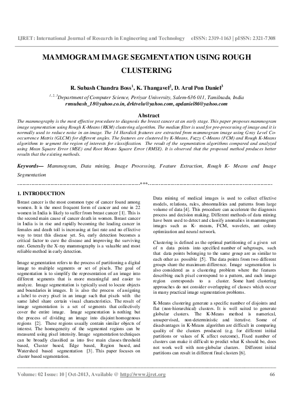 (PDF) Mammogram Image Segmentation Using Rough Clustering