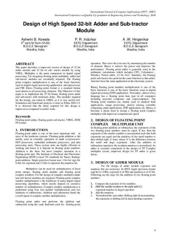 (PDF) Design of High Speed 32-bit Adder and Sub-tractor Module