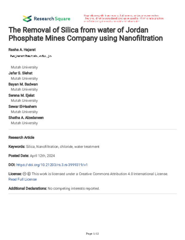 (PDF) The Removal of Silica from water of Jordan Phosphate Mines ...