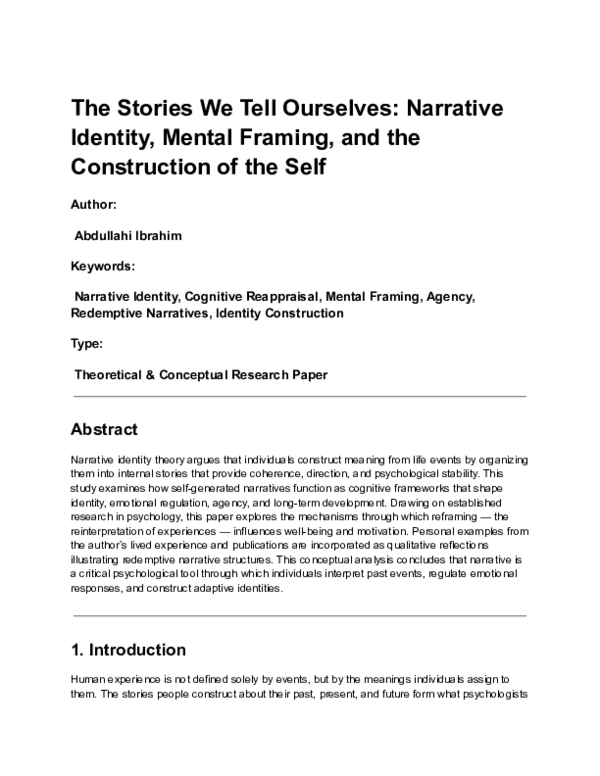 (PDF) The Stories We Tell Ourselves: Narrative Identity, Mental Framing ...