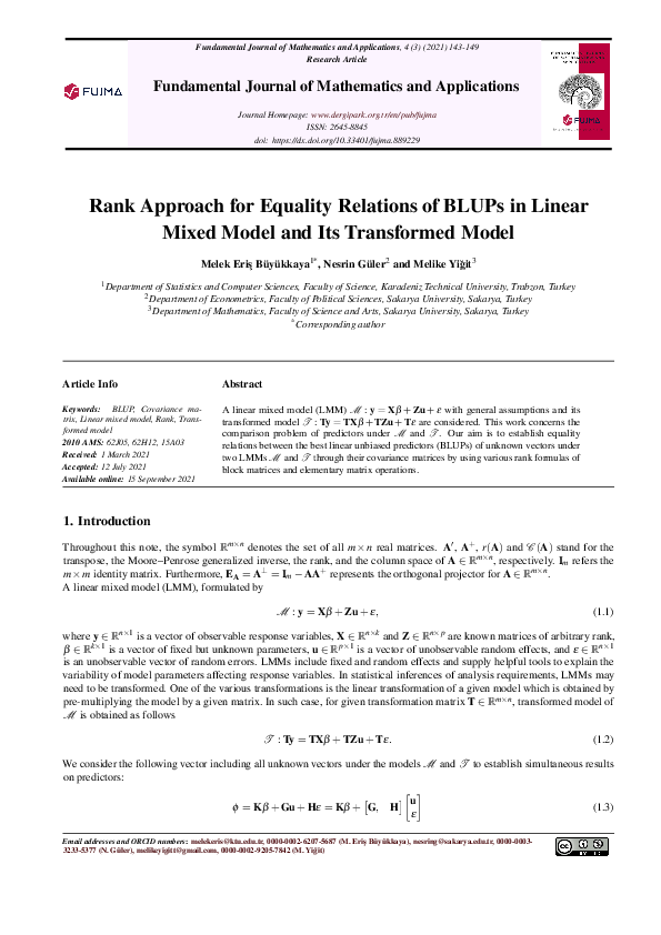 (PDF) Rank Approach for Equality Relations of BLUPs in Linear Mixed ...