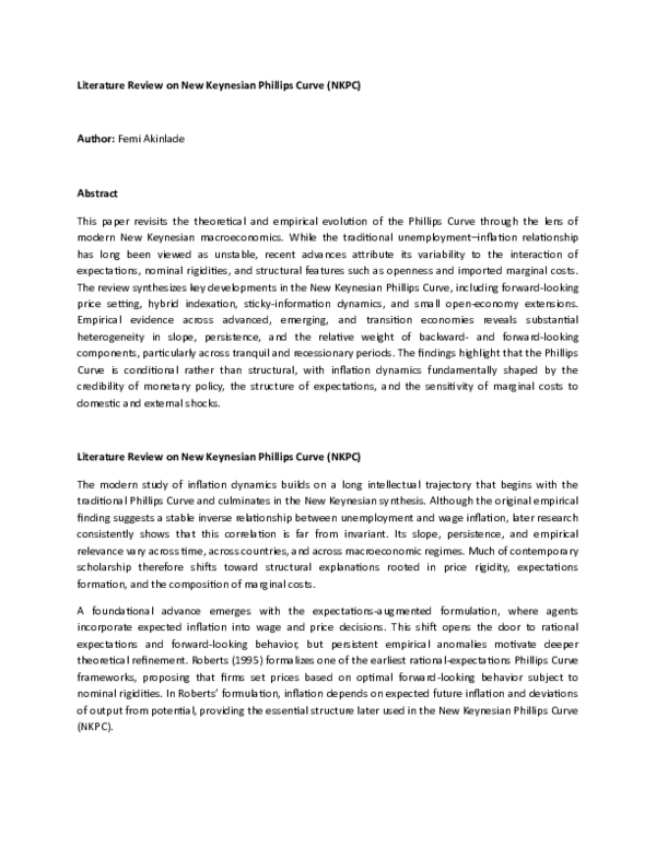 (PDF) Literature Review on New Keynesian Phillips Curve (NKPC
