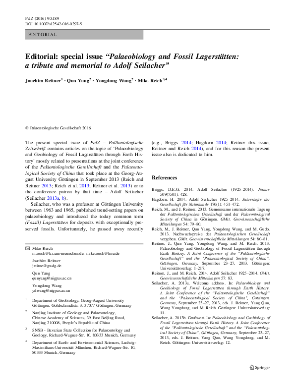 (PDF) Editorial: special issue “Palaeobiology and Fossil Lagerstätten ...