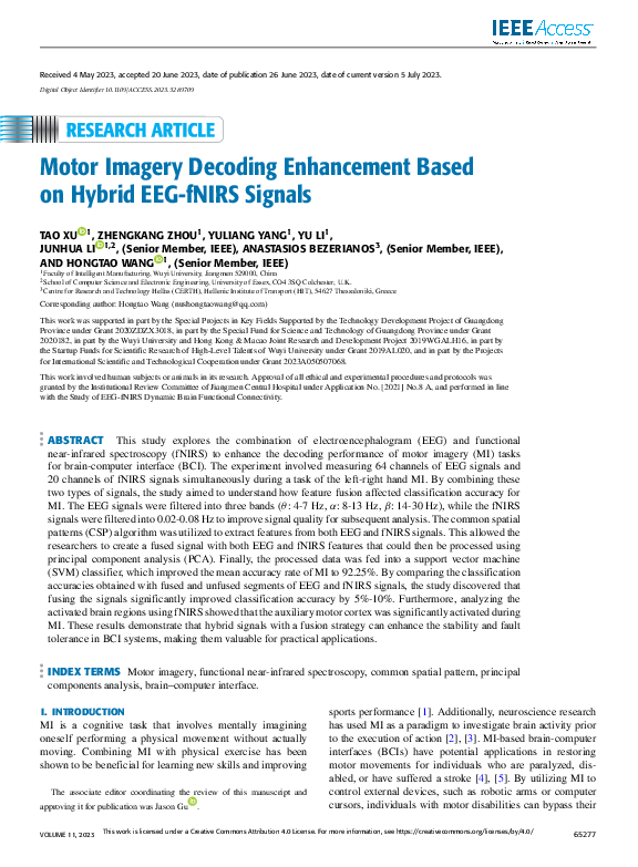 (PDF) Motor Imagery Decoding Enhancement Based on Hybrid EEG-fNIRS Signals