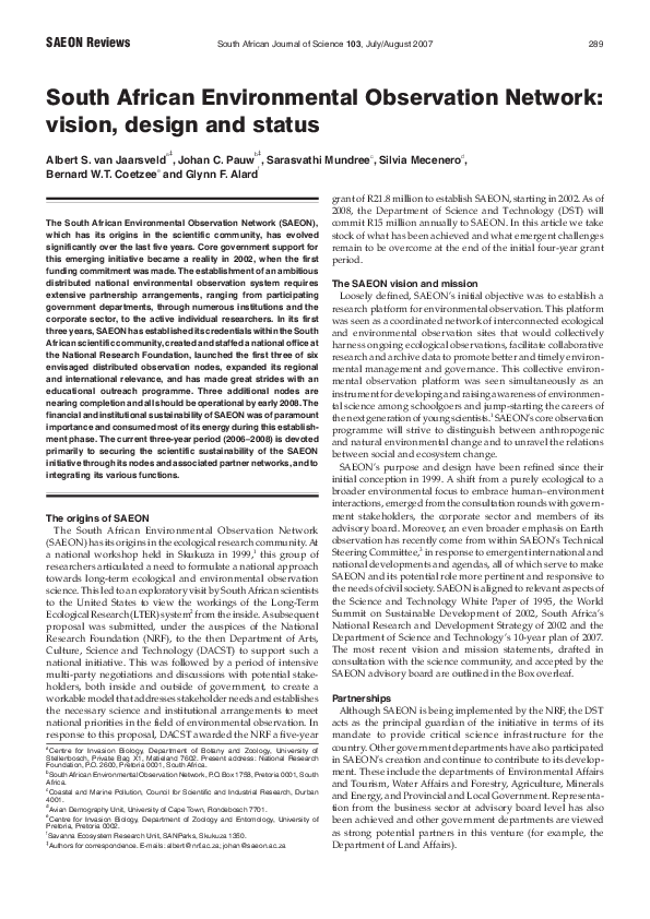 (PDF) South African Environmental Observation Network: vision, design ...