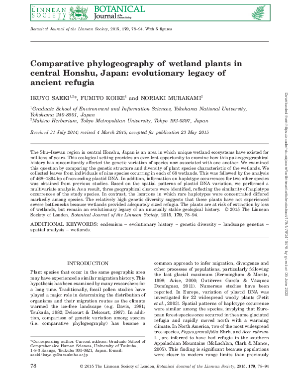 (PDF) Comparative phylogeography of wetland plants in central Honshu, Japan: evolutionary legacy ...