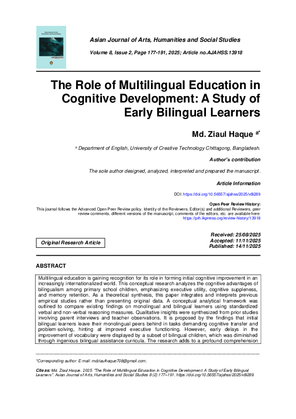 (PDF) The Role of Multilingual Education in Cognitive Development: A ...