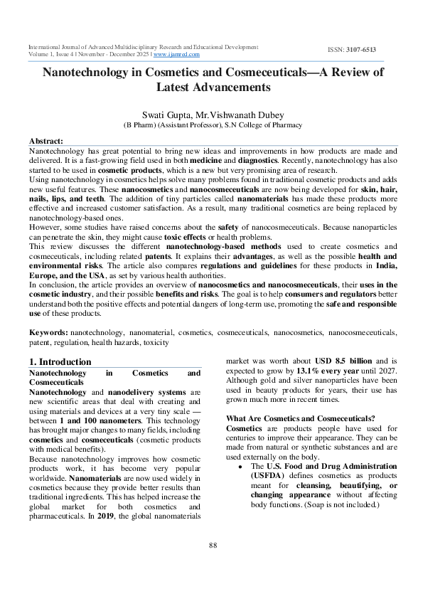 (PDF) Nanotechnology in Cosmetics and Cosmeceuticals-A Review of Latest ...
