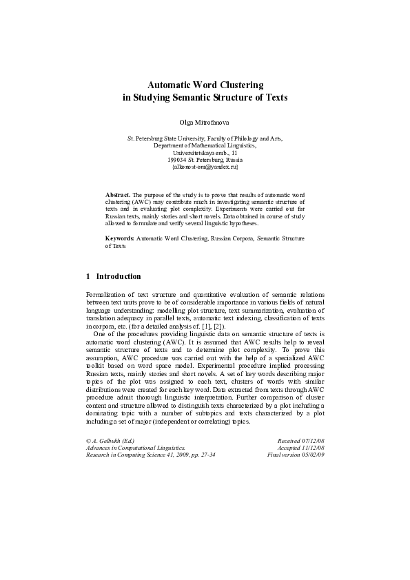 (PDF) Automatic Word Clustering in Studying Semantic Structure of Texts