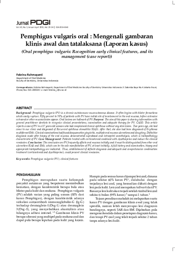 (PDF) Pemphigus vulgaris oral : Mengenali gambaran klinis awal dan ...