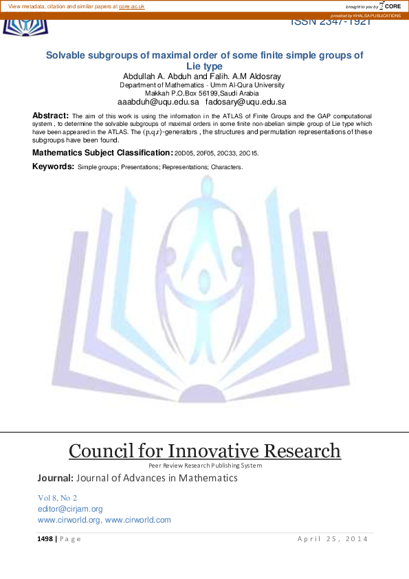 (PDF) Solvable subgroups of maximal order of some finite simple groups ...