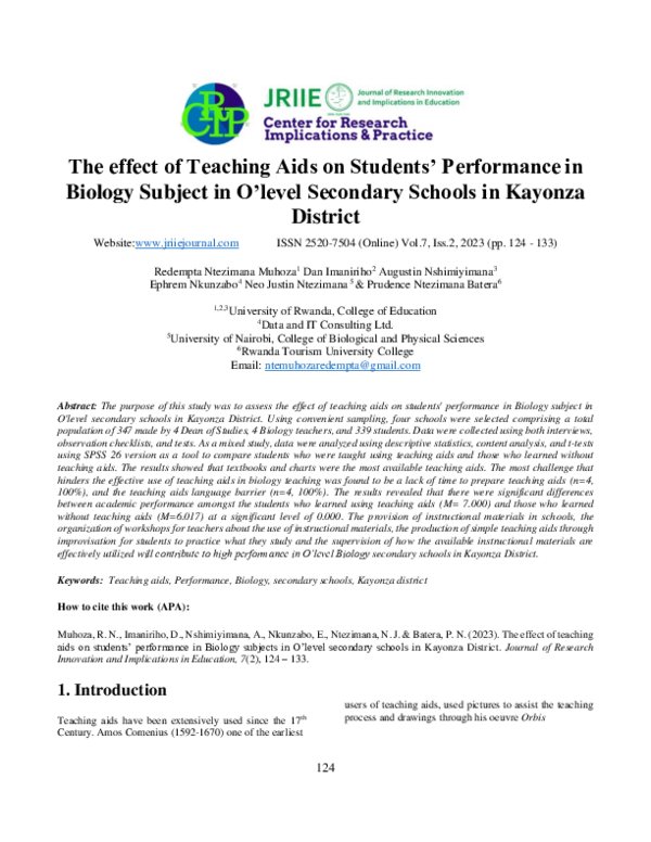 (PDF) The effect of Teaching Aids on Students’ Performance in Biology ...