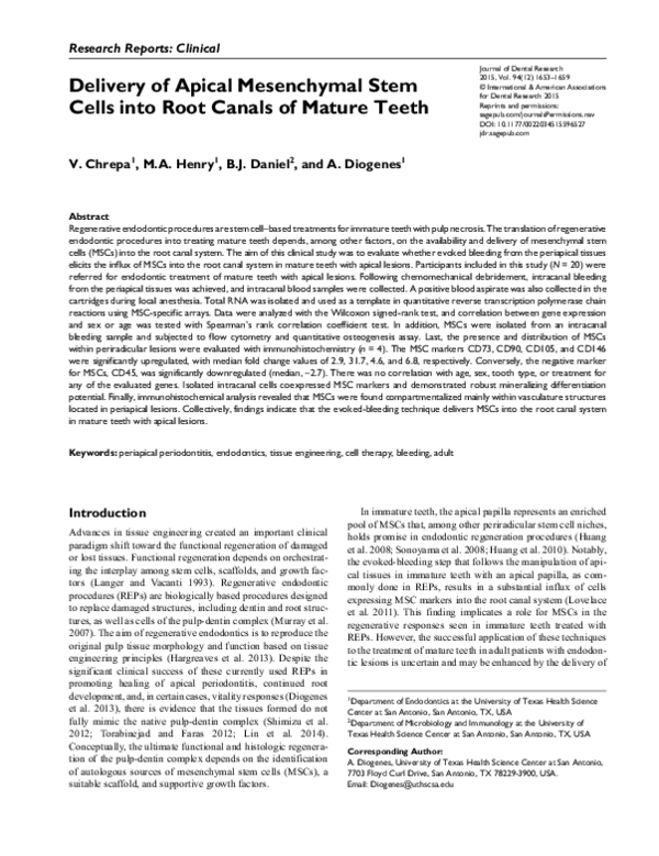 (PDF) Delivery of Apical Mesenchymal Stem Cells into Root Canals of ...