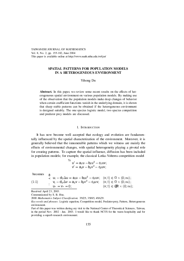 (PDF) Spatial Patterns for Population Models in a Heterogeneous Environment