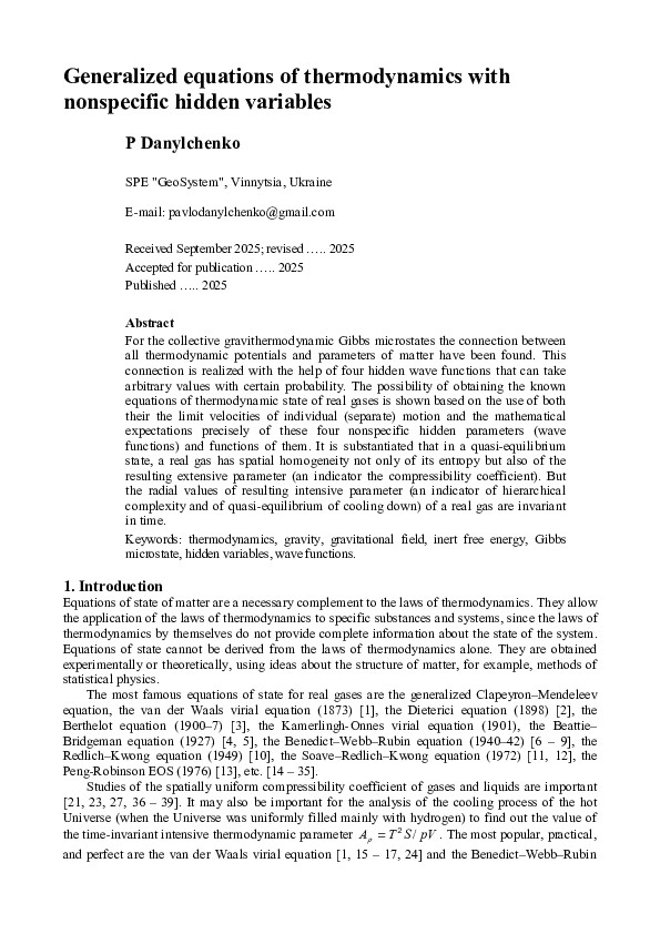 (PDF) Generalized equations of thermodynamics with nonspecific hidden ...