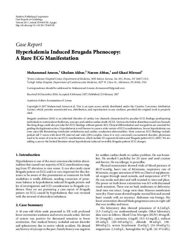 (PDF) Hyperkalemia Induced Brugada Phenocopy: A Rare ECG Manifestation