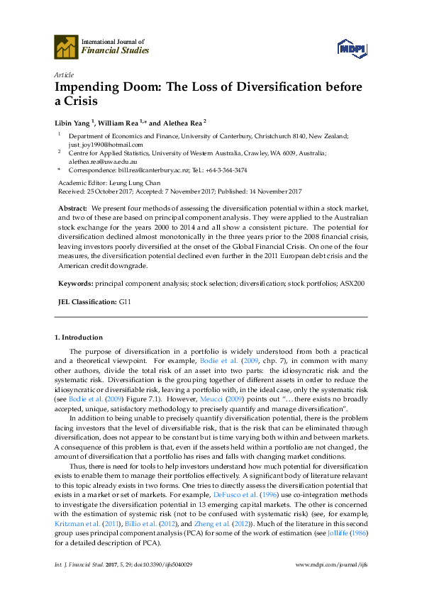 (PDF) Impending Doom: The Loss of Diversification before a Crisis