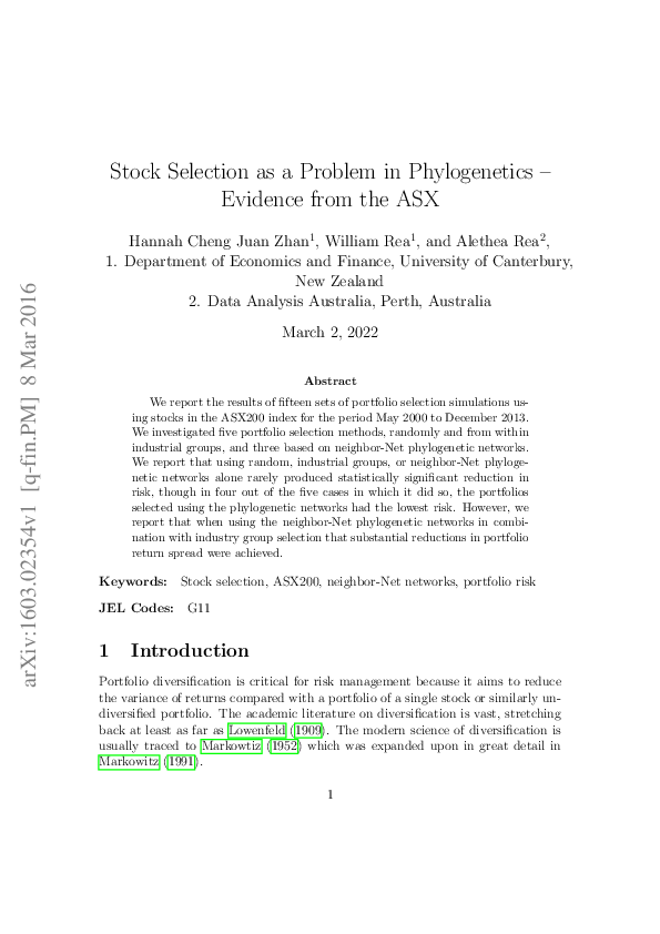 (PDF) Stock Selection as a Problem in Phylogenetics -- Evidence from ...