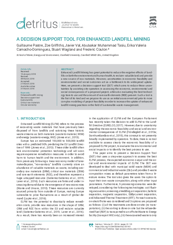 (PDF) A Decision Support Tool for Enhanced Landfill Mining