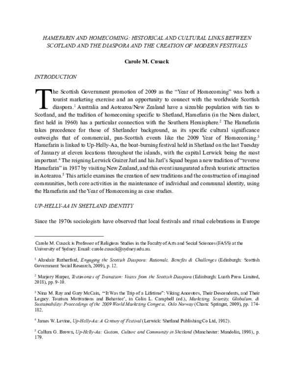 (PDF) Carole M. Cusack, Hamefarin and Homecoming: Historical and ...