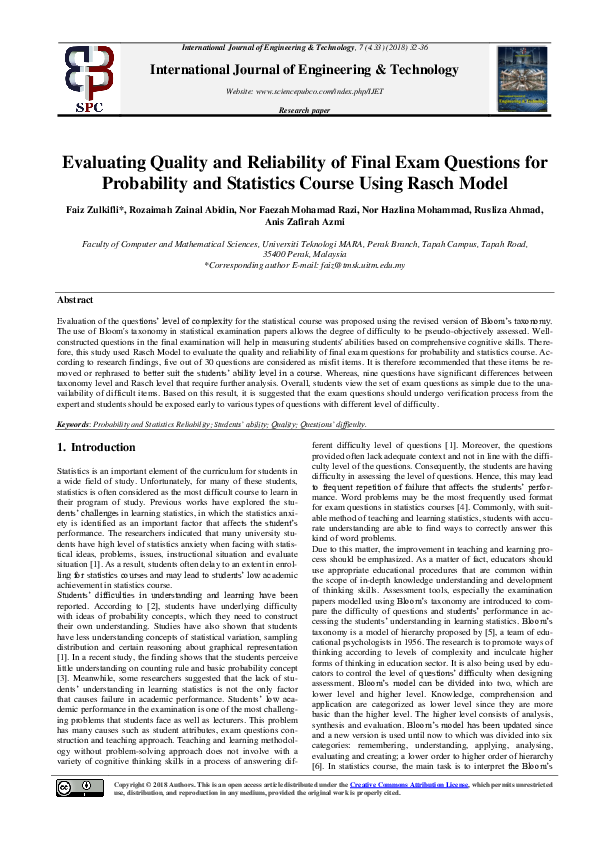 (PDF) Evaluating Quality and Reliability of Final Exam Questions for Probability and Statistics ...