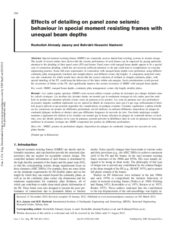 (PDF) Effects of detailing on panel zone seismic behaviour in special ...