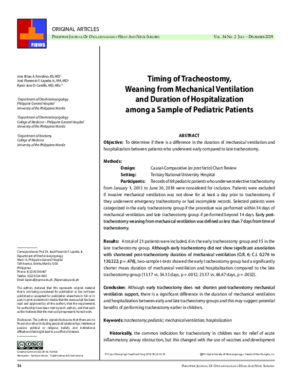 (PDF) Timing of Tracheostomy, Weaning from Mechanical Ventilation and ...
