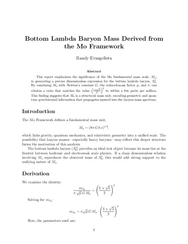 (PDF) Bottom Lambda Baryon Mass Derived from the Mo Framework