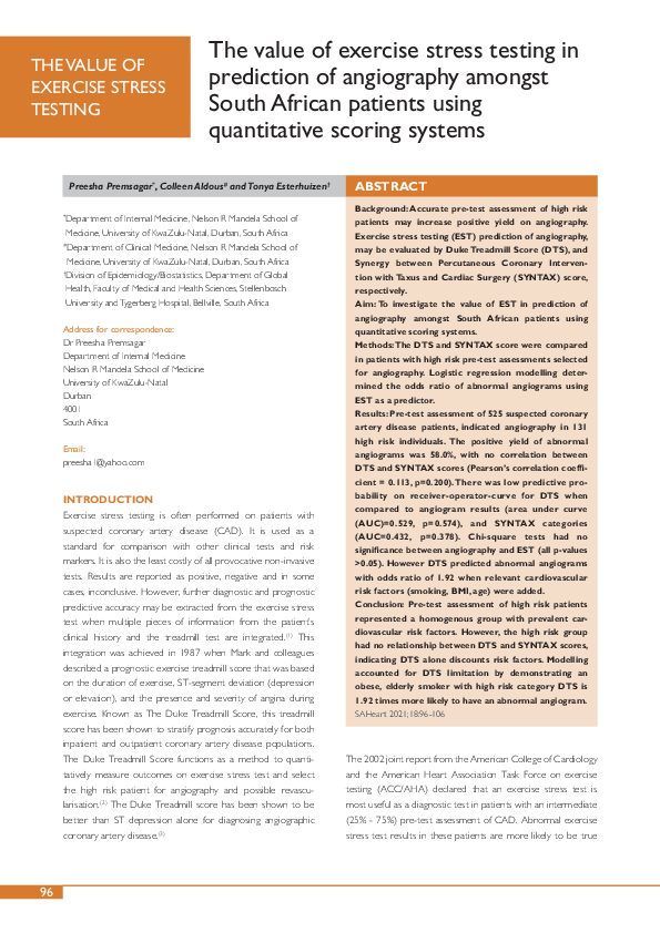 (PDF) The value of exercise stress testing in prediction of angiography ...