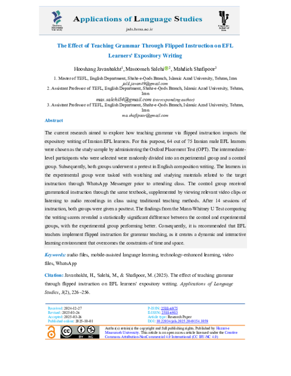 (PDF) The Effect of Teaching Grammar Through Flipped Instruction on EFL ...